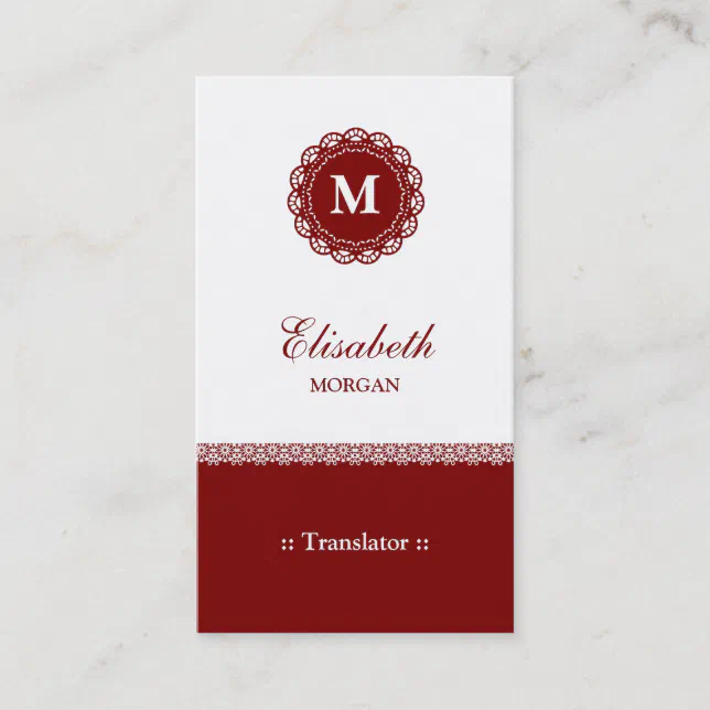Translator - Elegant Red Lace Monogram Business Card | Zazzle