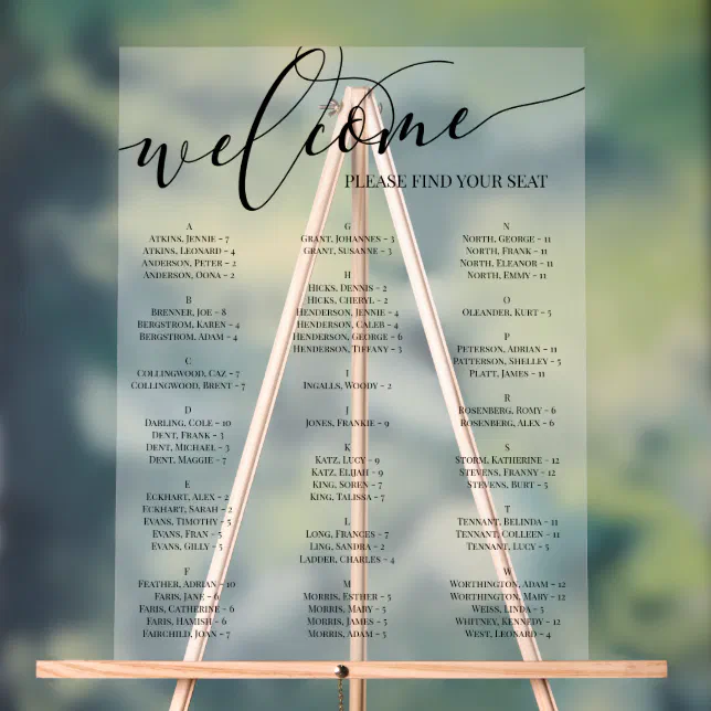 Translucent Black Script Welcome Seating Chart | Zazzle