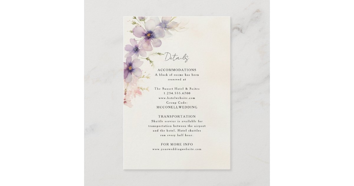 translucent watercolor floral wedding details card | Zazzle
