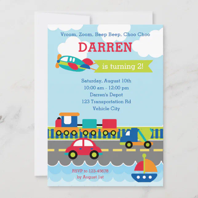 Transportation Birthday Invitations Boy Vehicles | Zazzle