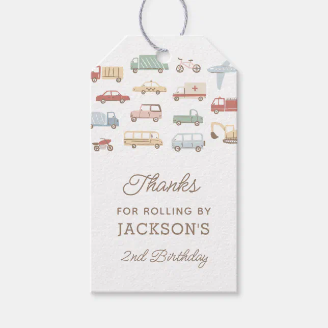 Transportation Cars and Trucks Boy Birthday Party Gift Tags | Zazzle