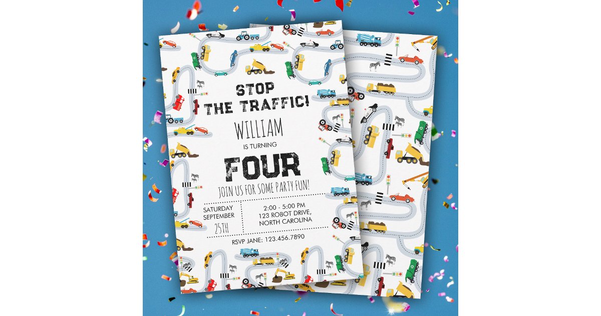 Transportation Cars Trucks Stop Traffic Birthday Invitation | Zazzle