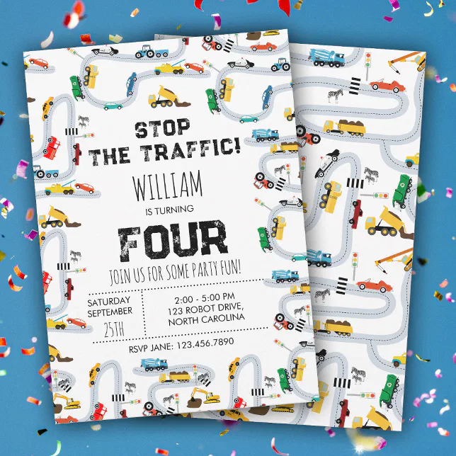 Transportation Cars Trucks Stop Traffic Birthday Invitation | Zazzle