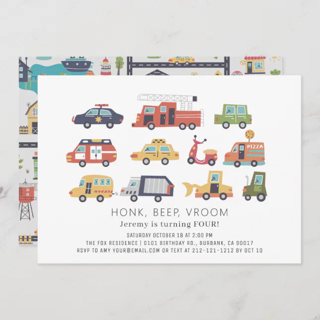 Transportation City Cars & Trucks Birthday Invitation | Zazzle