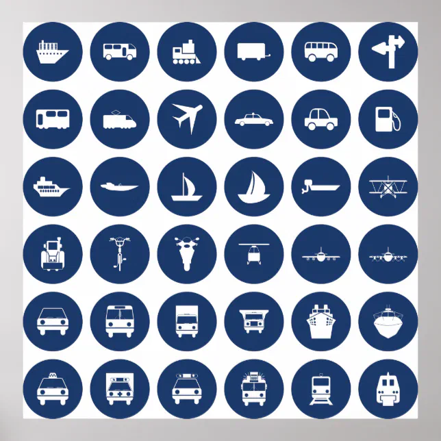 Transportation Icons Symbols In Blue Poster | Zazzle
