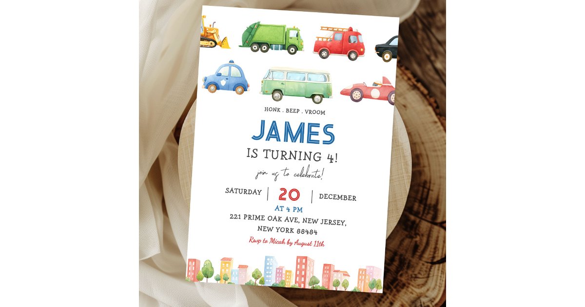 Transportation Vehicle Cars Birthday Invitation | Zazzle