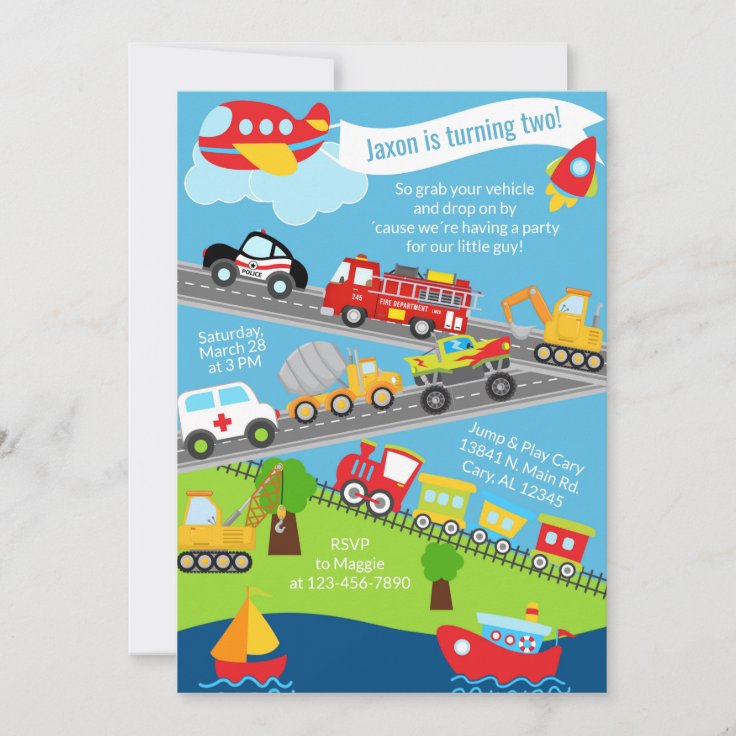 Transportation vehicles boy birthday invite. invitation | Zazzle