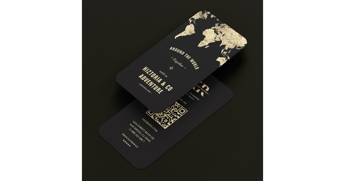 Travel Adventure World Map Black Gold Monogram Business Card | Zazzle