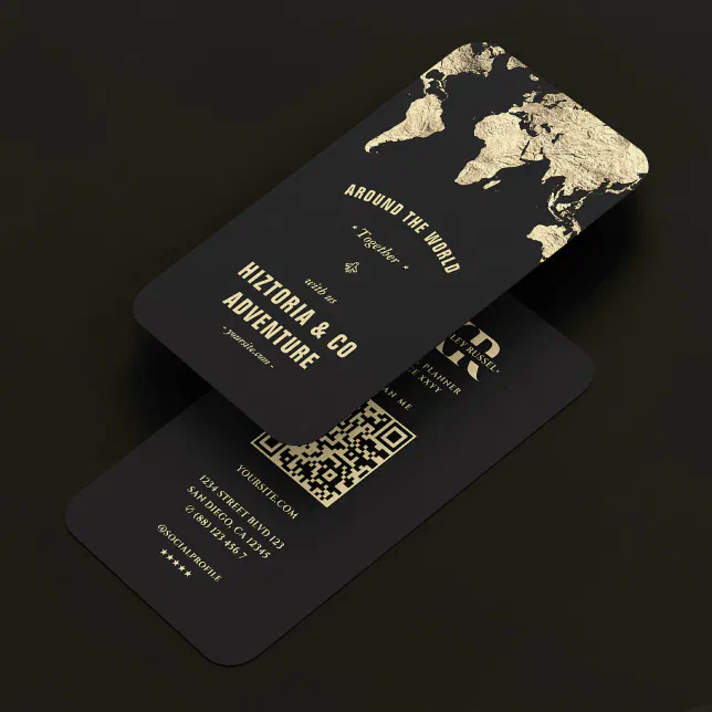 Travel Adventure World Map Black Gold Monogram Business Card | Zazzle