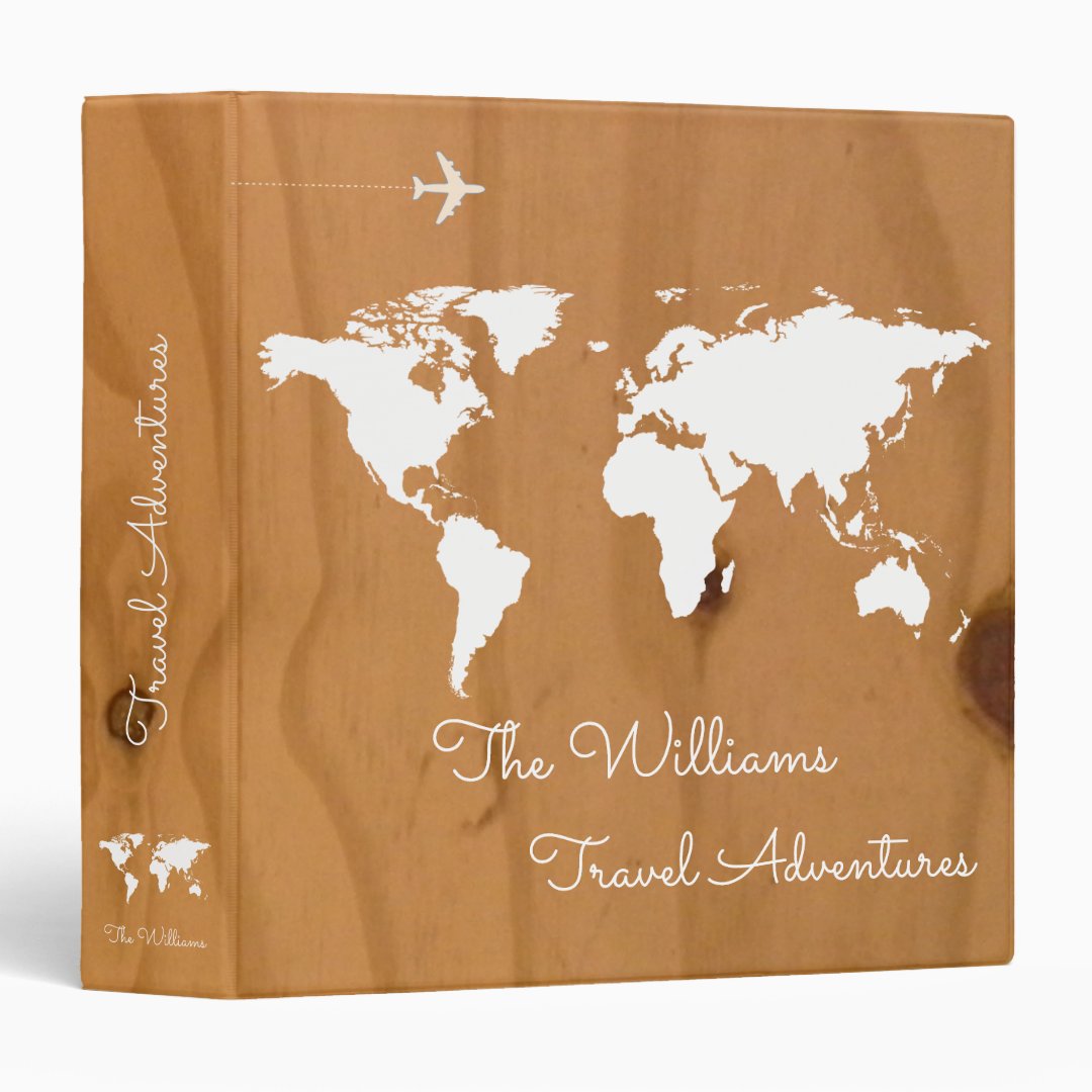 travel adventures / world map on wood, custom 3 ring binder | Zazzle