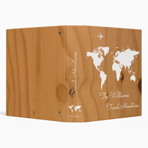 Travel adventures / world map on wood, custom 3 ring binder | Zazzle