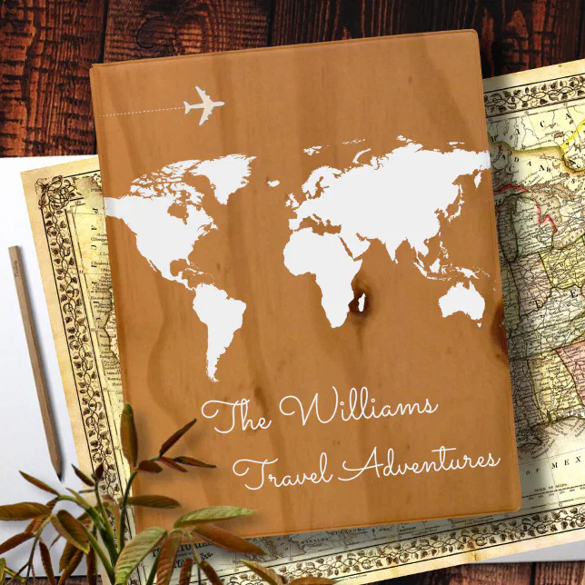 travel adventures / world map on wood, stylish mini binder | Zazzle