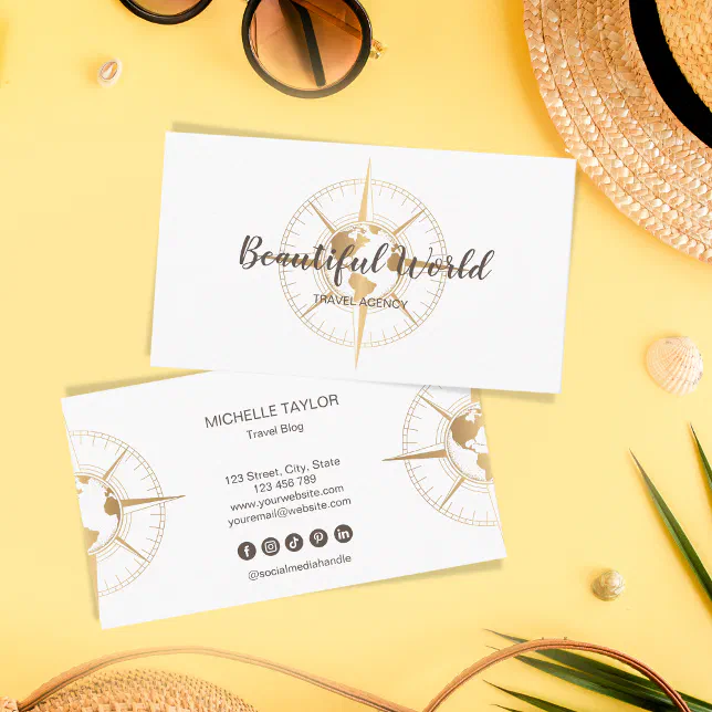 Travel Agency Travel Blog World Map Compass Business Card | Zazzle