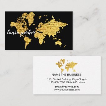 Travel Agent Faux Gold World Map Destination Business Card | Zazzle