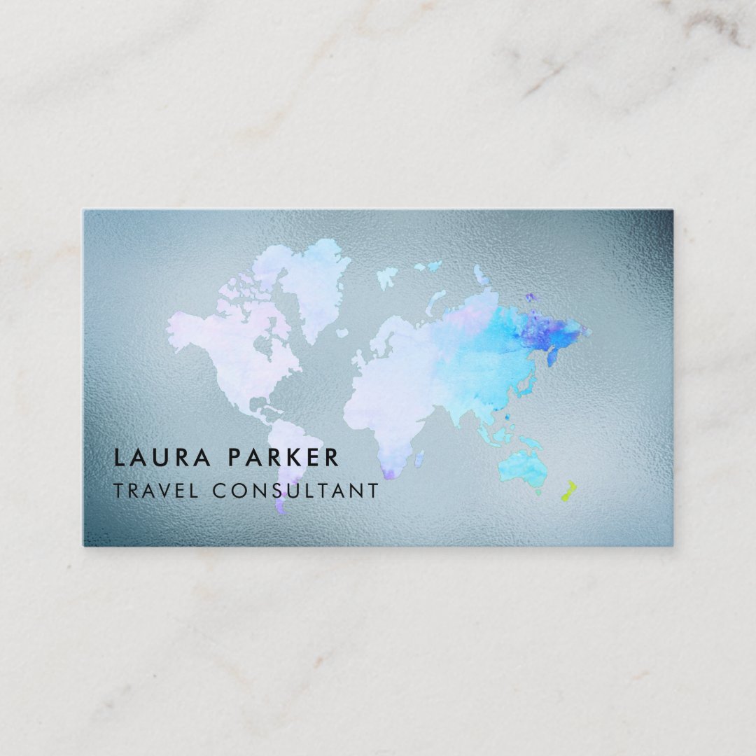 Travel Agent Watercolor World Map Tourism Booking Business Card | Zazzle
