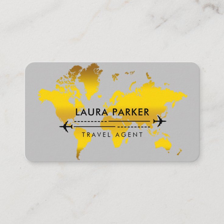 Travel Agent World Map Vacation Gold Glitter Business Card | Zazzle