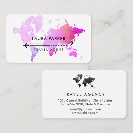 Travel Agent World Map Vacation Services Purple Business Card | Zazzle