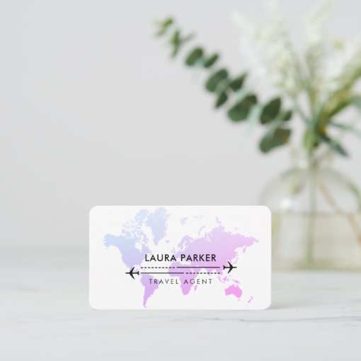 Travel Agent World Map Vacation Services Purple Business Card | Zazzle