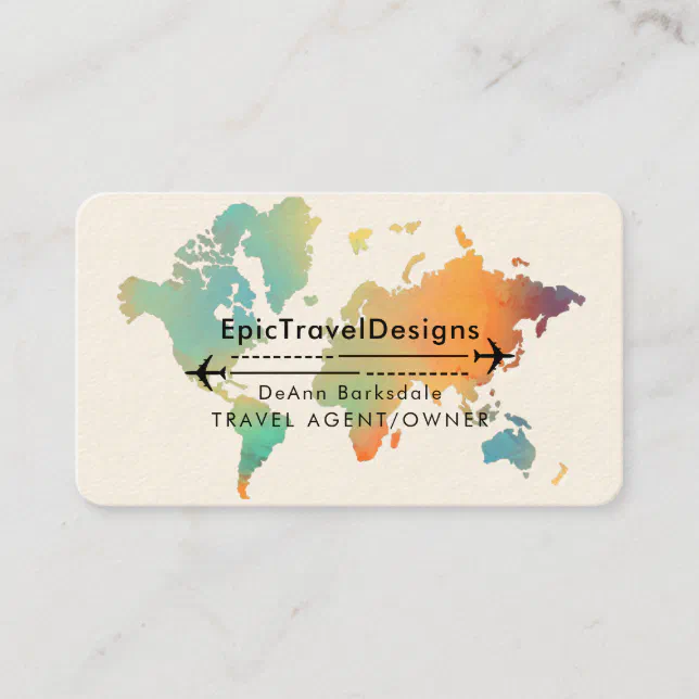 Travel Agent World Map Vacation Water Teal Beach Business Card | Zazzle