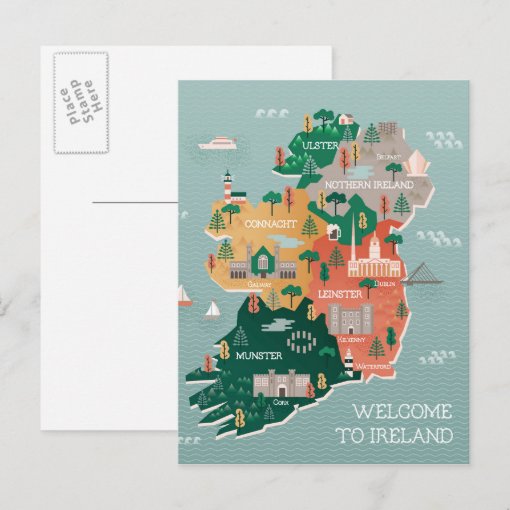 Travel Map of Ireland | Landmarks & Cities Postcard | Zazzle