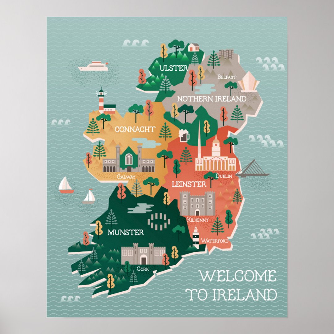 Travel Map of Ireland | Landmarks & Cities Poster | Zazzle