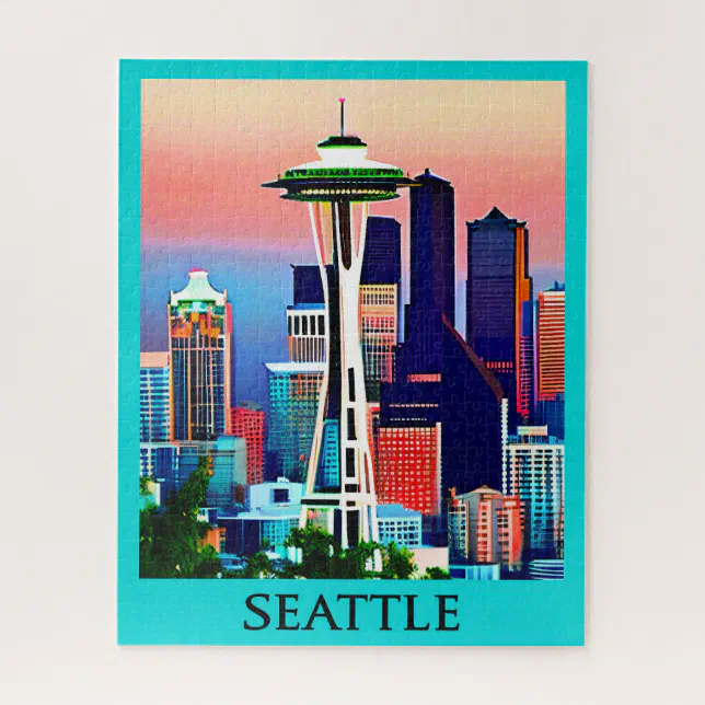 Travel Poster of Seattle under a Dawn Sky Jigsaw Puzzle | Zazzle