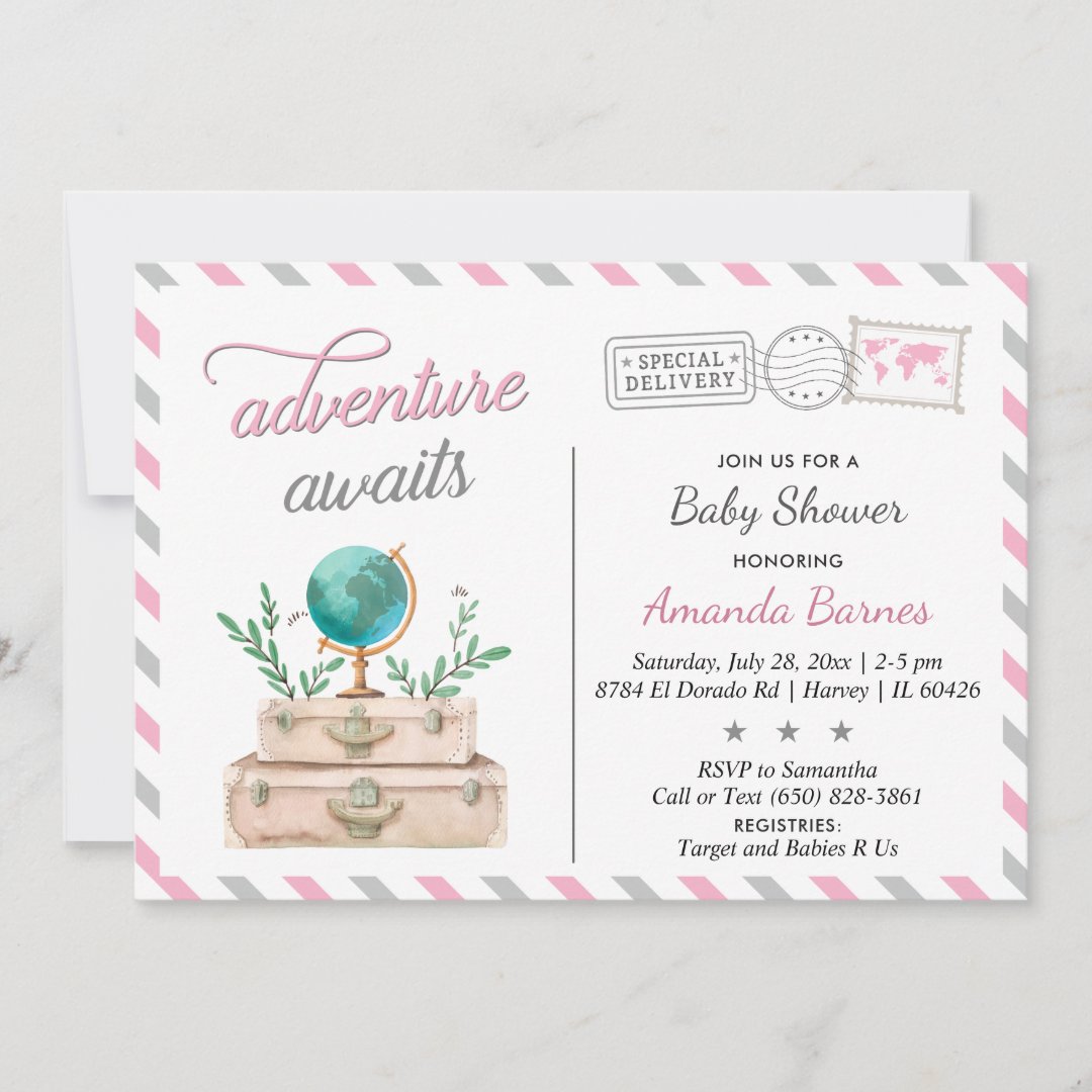 Travel Suitcase Baby Girl Shower Adventure Awaits Invitation | Zazzle
