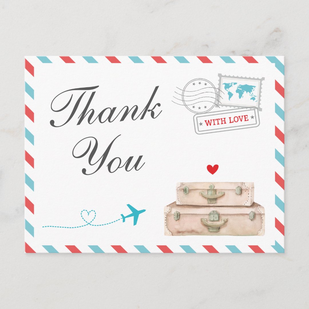 Travel Thank You Card, Airplane Airline Wedding Postcard | Zazzle