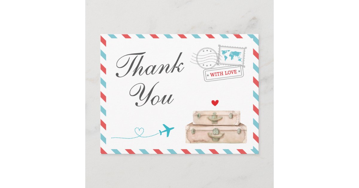 Travel Thank You Card, Airplane Airline Wedding Postcard | Zazzle