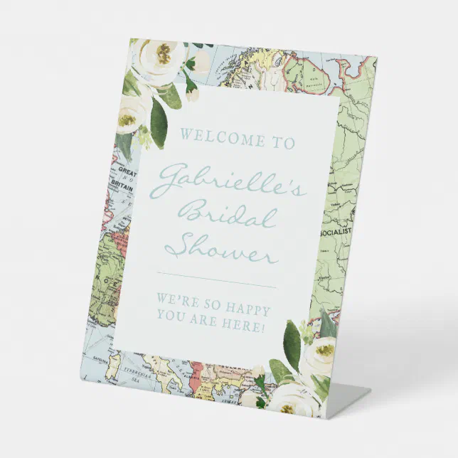 Travel Theme Floral Map Bridal Shower Welcome Pedestal Sign | Zazzle