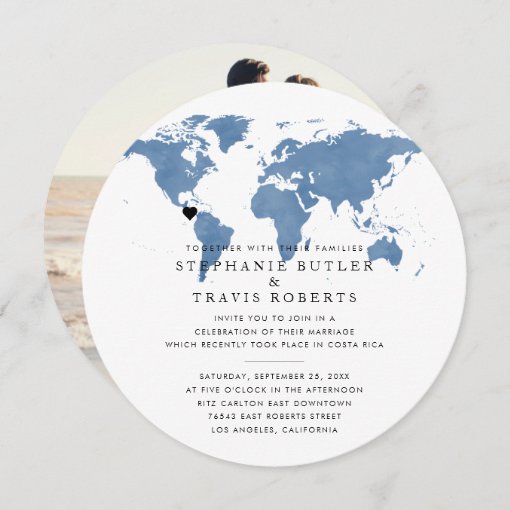 Travel Theme Reception Invitation Dusty Blue Globe | Zazzle