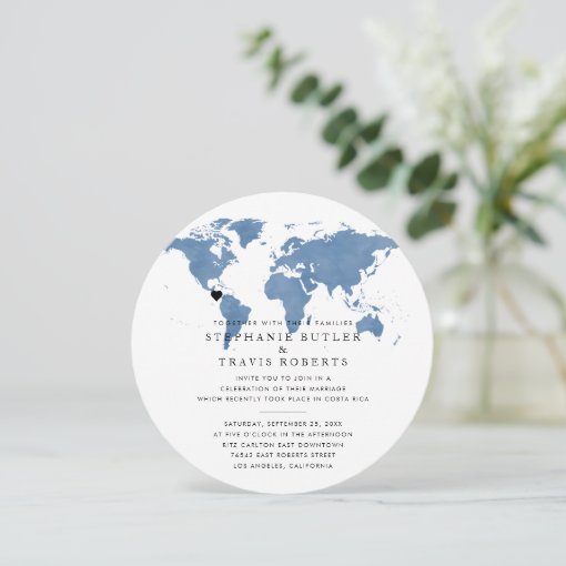 Travel Theme Reception Invitation Dusty Blue Globe | Zazzle