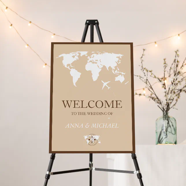 Travel Themed Wedding World Map Boho Welcome Sign | Zazzle