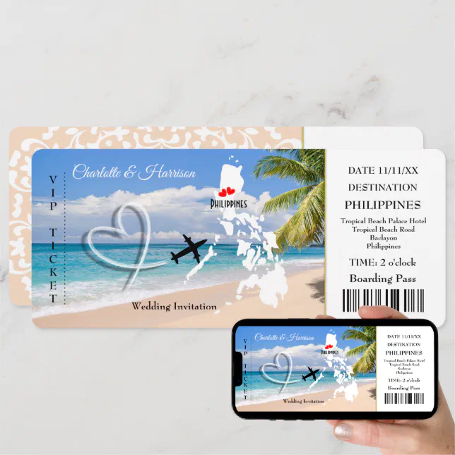 Travel Ticket Destination Wedding Philippines Invitation | Zazzle