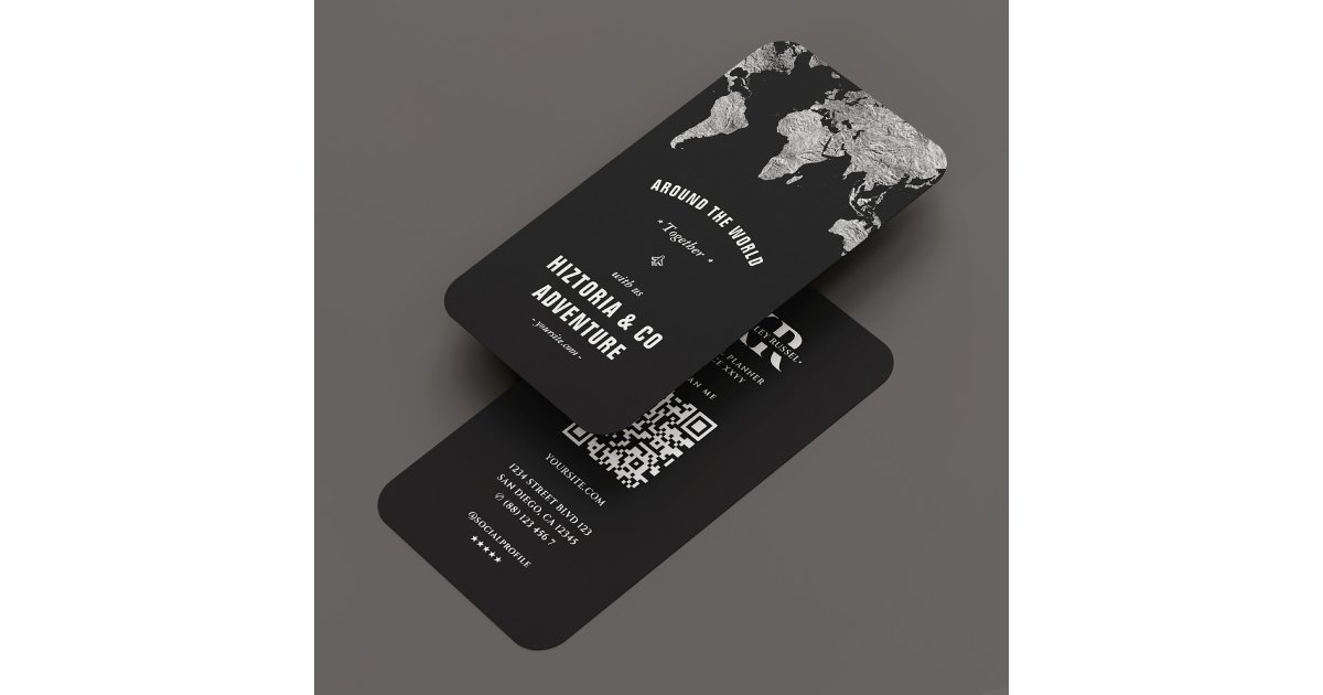 Travel Tour Adventure World Map Silver Black Business Card | Zazzle
