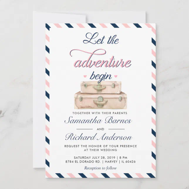 Travel Wedding Invitation Postcard Red Blue | Zazzle