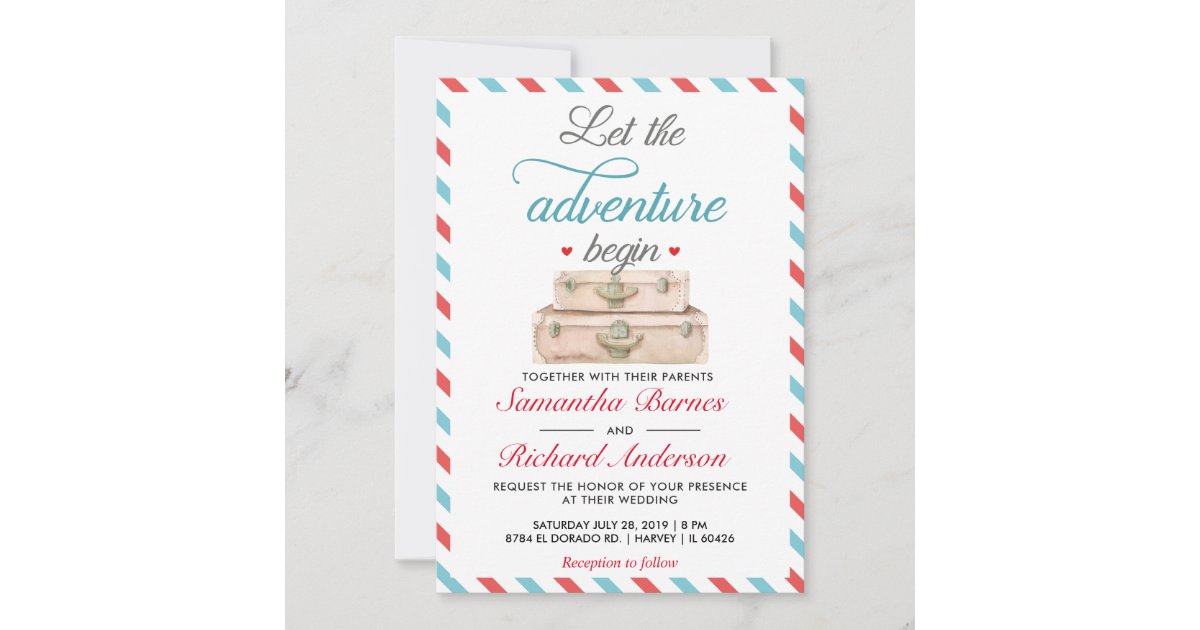 Travel Wedding Invitation Postcard Red Blue | Zazzle