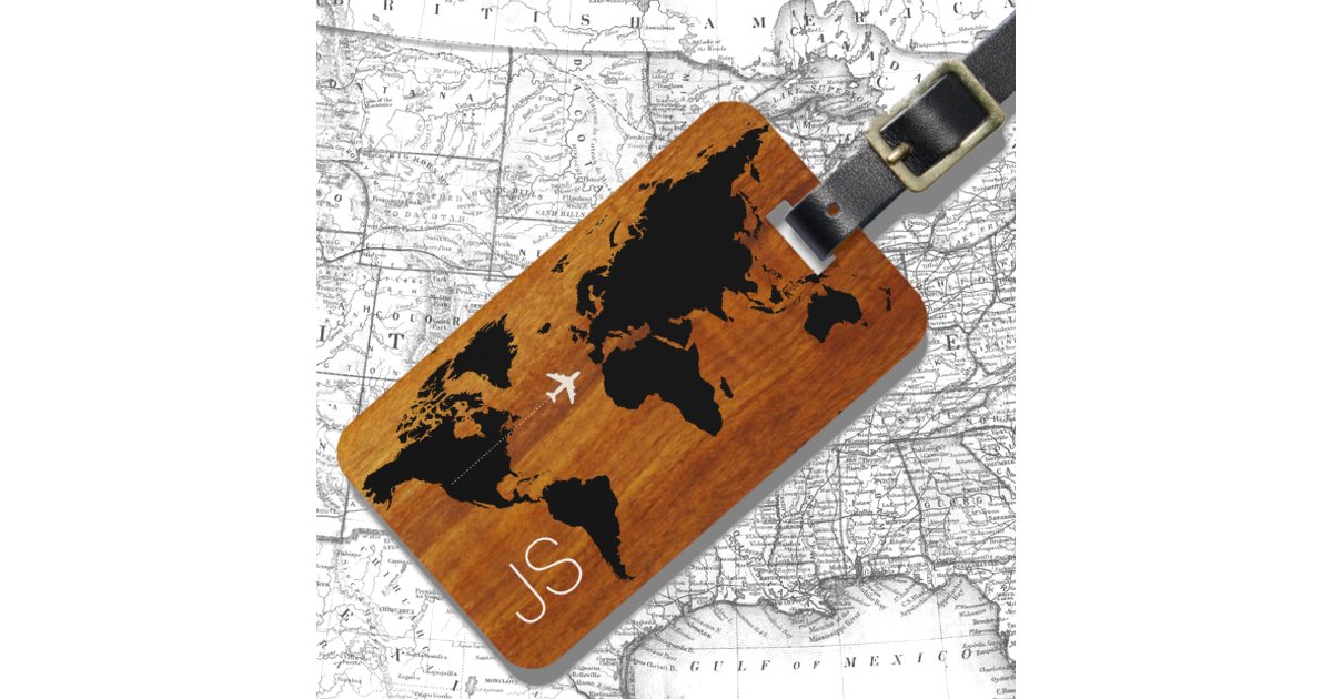 Travel wood world-map custom luggage tag | Zazzle