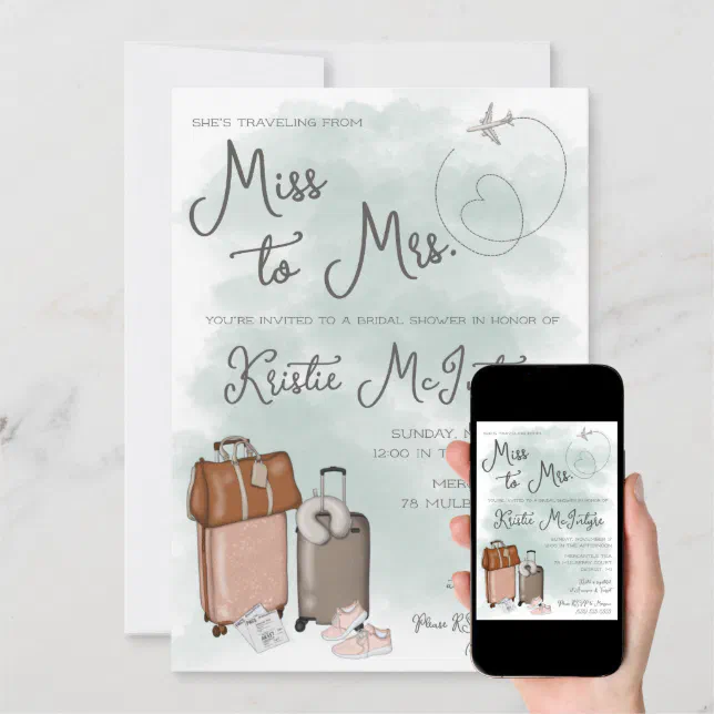 Traveling from Miss to Mrs. Modern Luggage Invitation | Zazzle