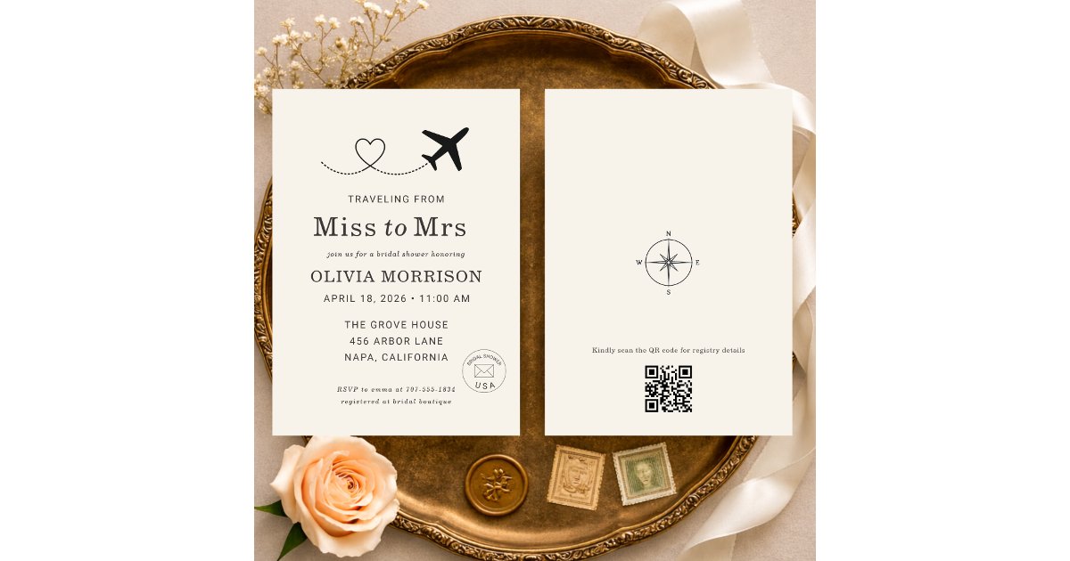 Traveling From Miss to Mrs QR Code Bridal Shower Invitation | Zazzle