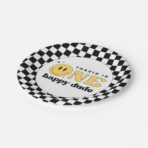 TRAVIS One Happy Dude Smile Face Birthday Paper Plates | Zazzle