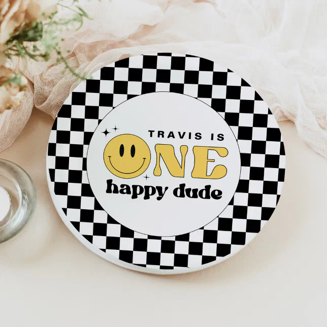 TRAVIS One Happy Dude Smile Face Birthday Paper Plates | Zazzle