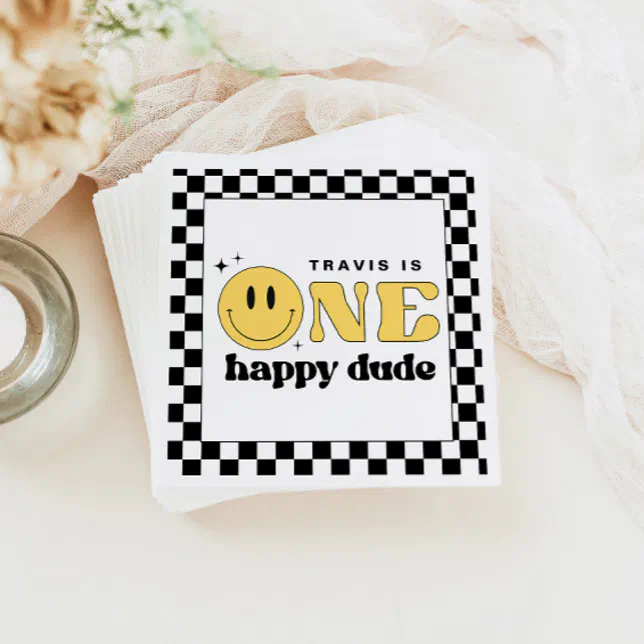 TRAVIS One Happy Dude Smile Face Birthday Welcome Napkins | Zazzle