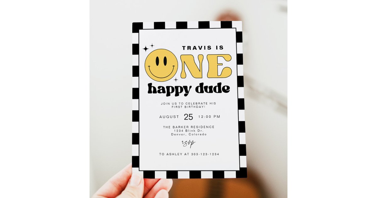 TRAVIS One Happy Dude Smile Face First Birthday Invitation | Zazzle
