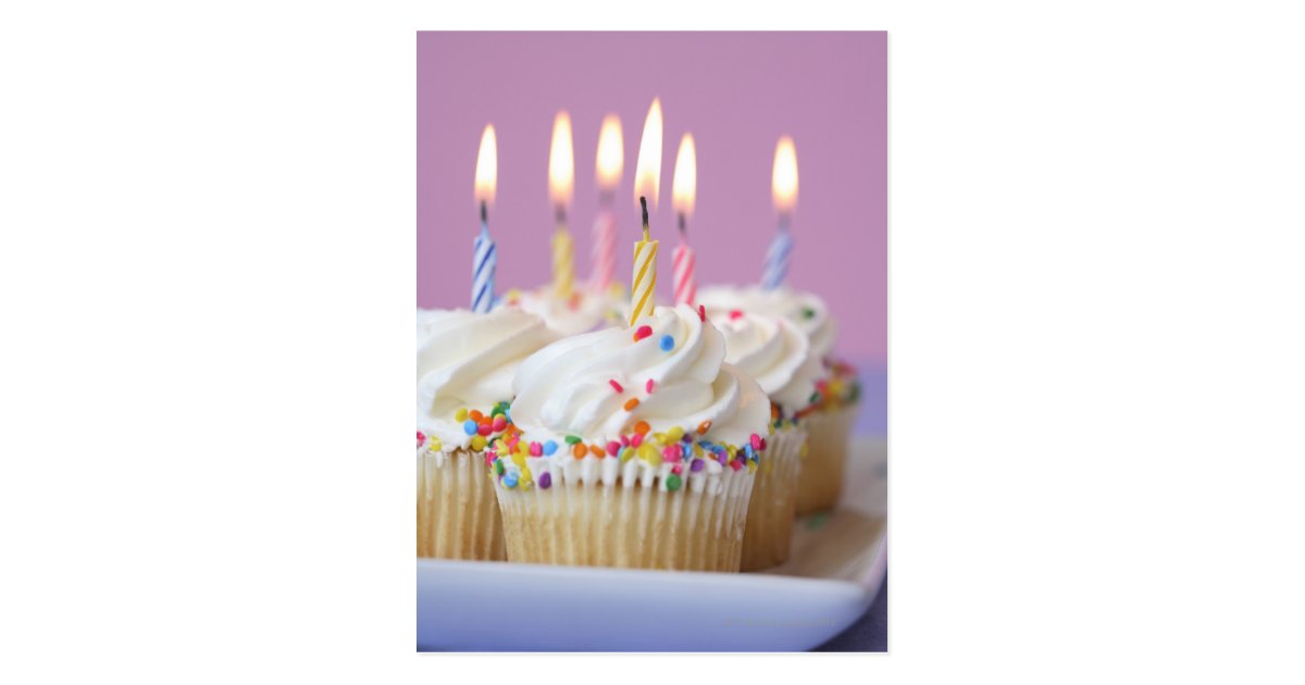Tray of birthday cupcakes with candles postcard | Zazzle.com