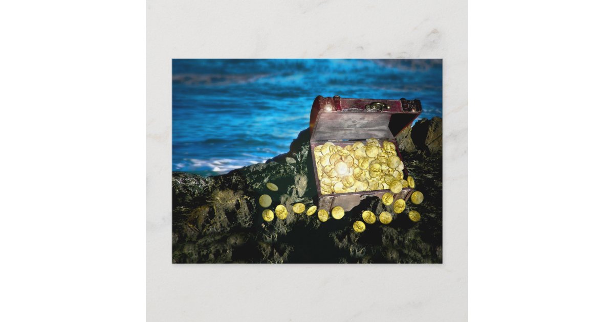 Treasure Chest of Gold on the Rocks Postcard | Zazzle