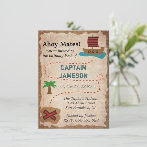 Treasure Map, Pirate Theme Birthday Party Invitation | Zazzle