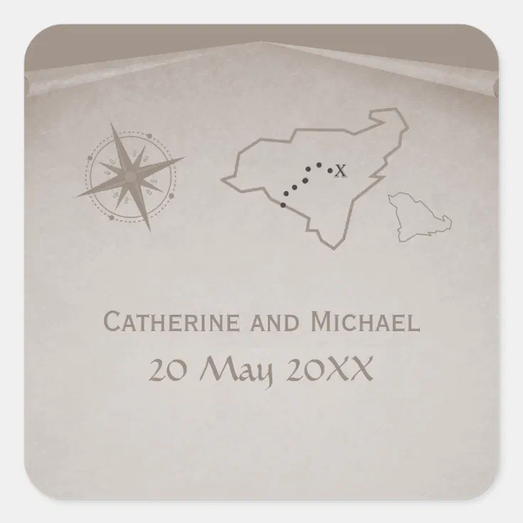 Treasure Map Wedding Stickers, Beige Square Sticker | Zazzle