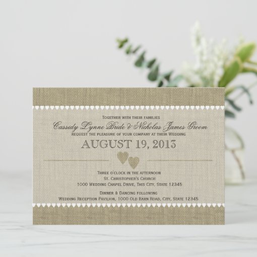 Treasured Hearts and Burlap Wedding Invitation | Zazzle