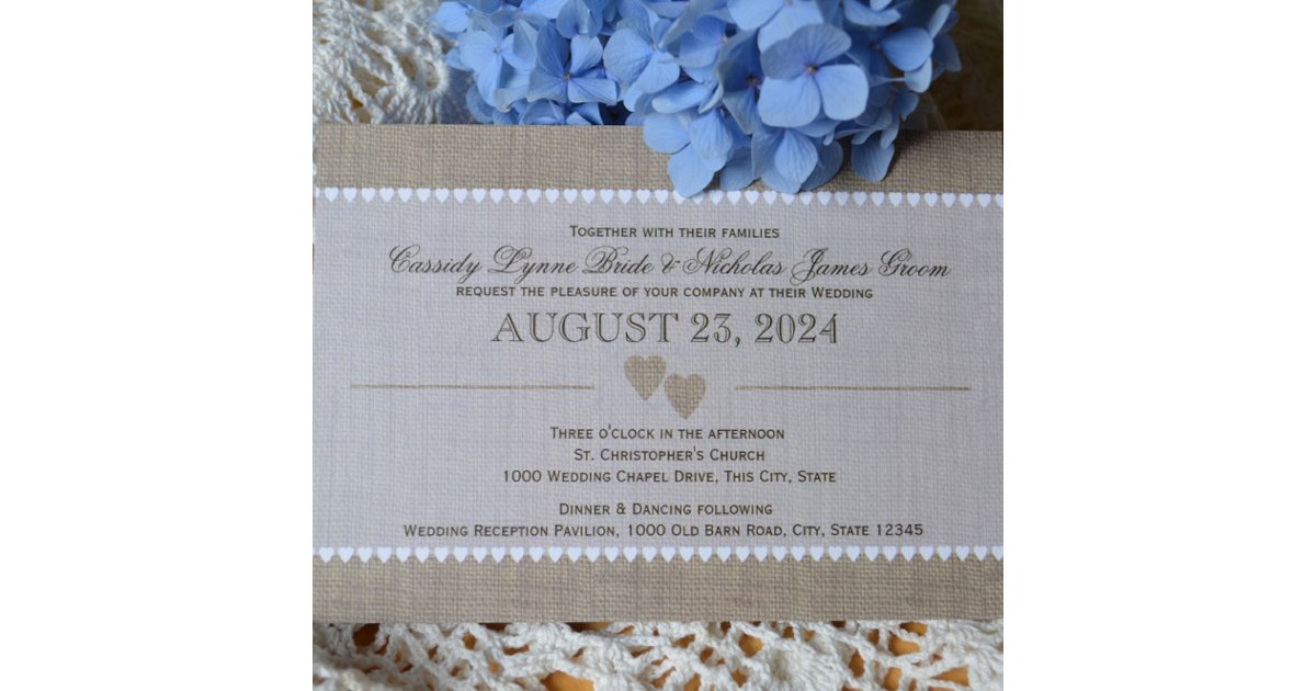 Treasured Hearts and Burlap Wedding Invitation | Zazzle